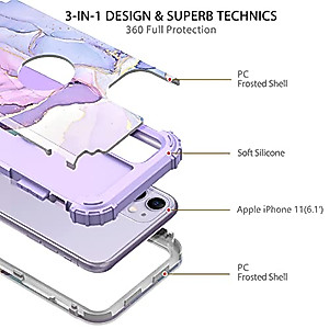 Hekodonk for iPhone 11 Case, Heavy Duty Shockproof Protection Hard Plastic+Silicone Rubber Hybrid Protective Case for Apple iPhone 11 6.1 Inch Purple Marble