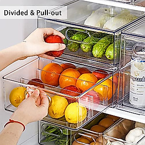 MANO Fridge Drawer Pull Out Stackable Bins with Handle Clear Refrigerator Drawers Organizer Food Storage Container Box with Dividers Plastic Produce Saver for Pantry, Cabinet, Kitchen, Clothes