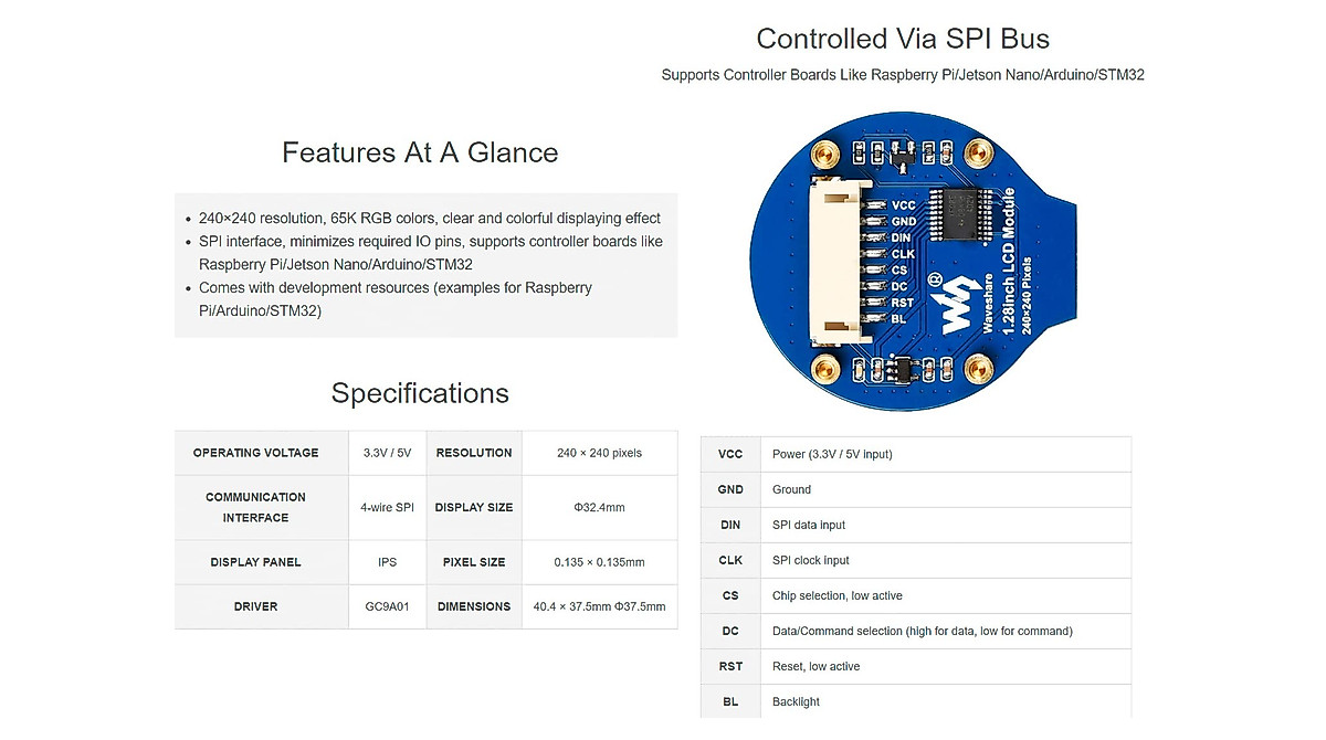 Waveshare 1.28" Round LCD for Arduino & Raspberry Pi