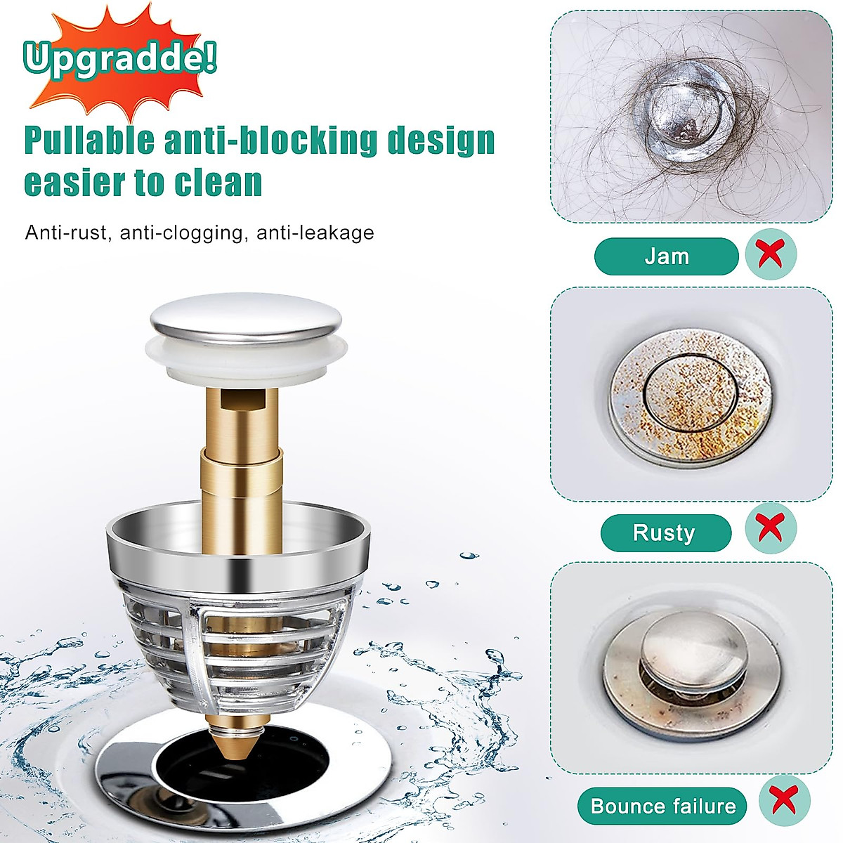 Diboniur Upgraded Sink Plug, Improved Bathroom Sink Plug Replacement, Universal Sink Stopper, Pull Type Sink Plug Strainer Stainless Pop up Bidet Plug for Bathtub, Kitchen, Basin for (32-42mm