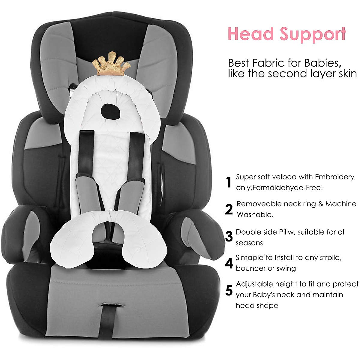Infant Baby Head Support Pillow, Pink White Royal Princess, Toddler Breathable Head Neck and Body Support for Car Seats and Strollers