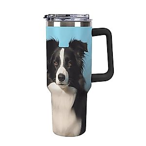 LLUTSNTH 40 Oz Vacuum Tumbler with Black Handle Leakproof Insulated Tumbler Border Collie Stainless Steel Travel Mug with Lid And Straw Coffee Cup Cute Water Bottles Cup Holder Friendly