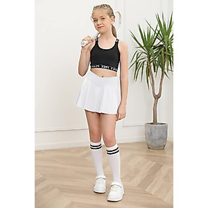 rrhss Gilrs Pleated Tennis Skirt with Pockets Kids V Crossover High Waisted Golf Skorts with Lining Shorts White
