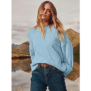 ANRABESS Women's Oversized Crewneck Long Sleeve Fuzzy Knit Casual Chunky Warm 2025 Fall Pullover Sweaters Top Trendy Outfits Blue X-Large