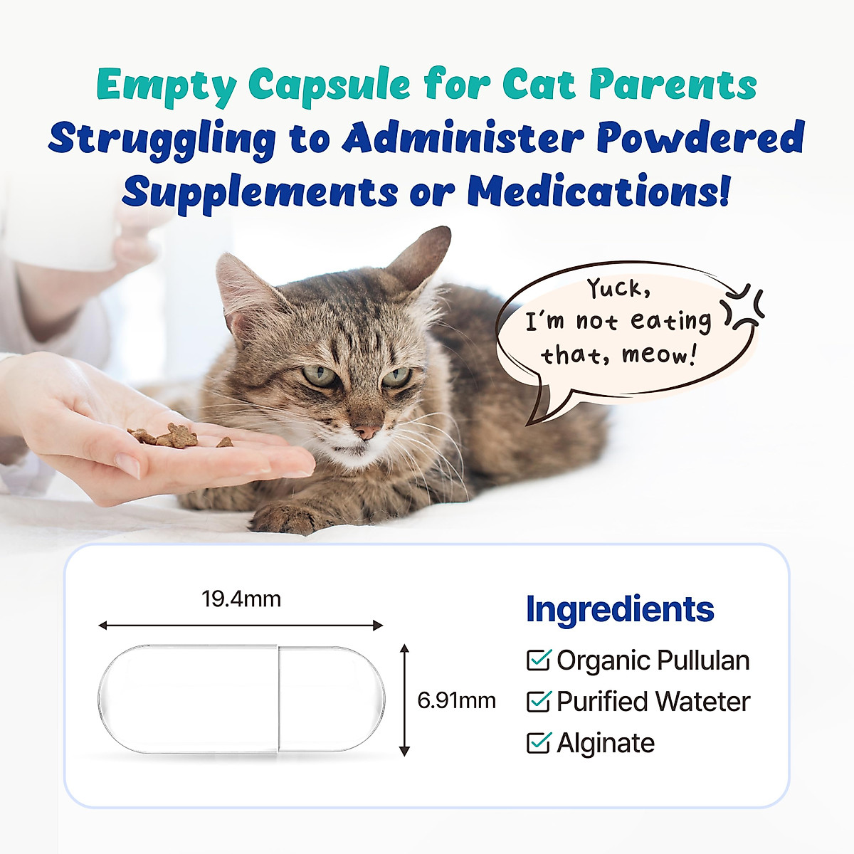 Branvine Organic Pullulan Empty Capsules for Cats - Hides Medicine Taste & Scent | Naturally Fermented, Highly Digestible | Capacity Up to 350mg (120 Counts)