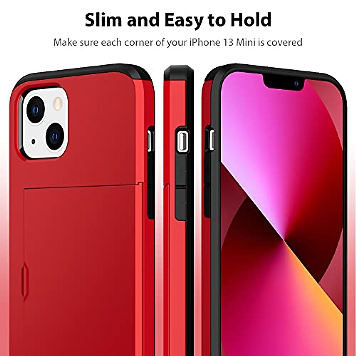 Jiunai Compatible with iPhone 13 Mini Case, Credit Card IDs Holder Wallet Back Pocket Slide Cover Card Slot Dual Layer Bumper Shell Rubber Cover Phone Case Designed for iPhone 13 Mini 5.4'' 2021 Red