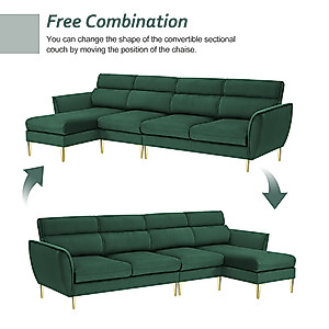 Prohon 111" L Shaped Convertible Sofa Left/Right Hande Chaise, Flannel Sectional Couch w/Gold Legs for Bedroom, Living Room, Green