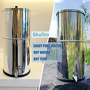 Shurex 2.25 Gal Stainless-Steel Tank Gravity-fed Water Filter System with 2 Black Elements Filters and Stainless-Steel Spigot, Countertop Filtration System for Home, Camping, RV, Fishing