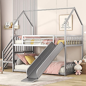 Harper & Bright Designs Twin Over Twin Metal Bunk Bed with Slide and Stairs, Low Bunk House Bed for Kids, Floor Bunk Bed, Modern Style Heavy-Duty Steel Frame (Silver)