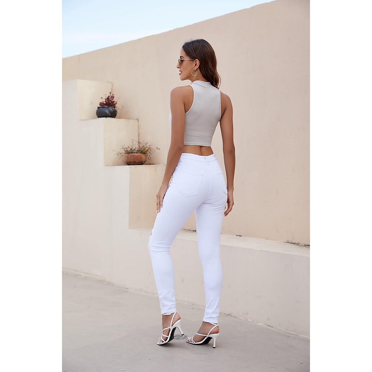 Cqinnifu High Waisted White Ripped Jeans for Women Stretch Butt Lifting Distressed Jean Skinny Jeggings for Women