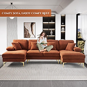 OUYESSIR 110" U Shaped Sectional Sofa Couch for Living Room, 4 Seater Sofa Convertible L-Shaped Chenille Couch Set with Chaise Lounge, Ottoman and Pillows, Orange