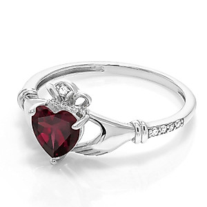 Gem Stone King 10K White Gold Heart Shape Red Rhodolite Garnet and White Diamond Irish Celtic Claddagh Women Ring (0.78 Cttw, Gemstone Birthstone, Available In Size 5, 6, 7, 8, 9)