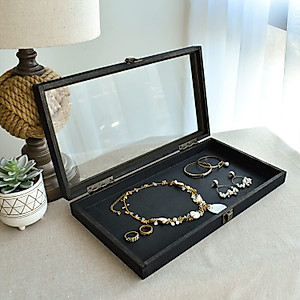 MOOCA Wood Tempered Glass Top Jewelry Display Case Accessories Storage Box with Metal Clasp, Wooden Jewelry Tray for Collectibles, Pocket Knife Display Case, Black