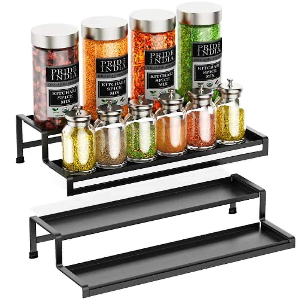 Warmfill Spice Rack Organizer For Cabinet 2 Tier Black Expandable Spice Rack for Pantry, Spice Organizer Display Shelf from 14.5 to 27.3 inch