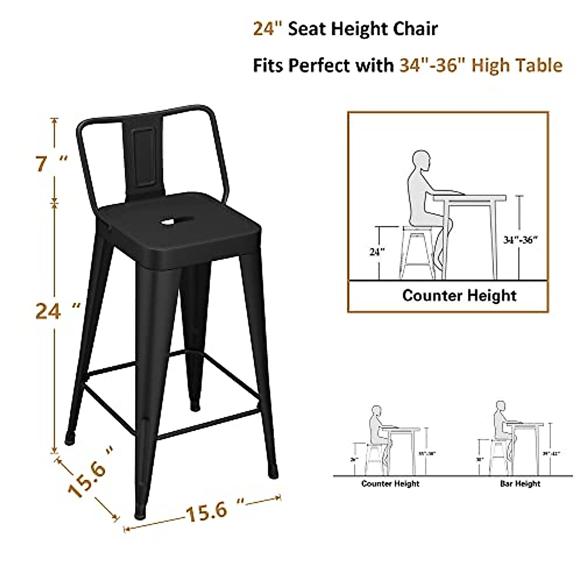 WENTMENT Metal Bar Stools Set of 4 Counter Height Bar Stools Barstools with Removable Back 24" Kitchen Bar Stools, Black