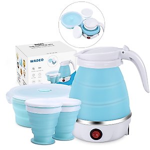 Portable Electric Kettle Travel Size, 600ML Small Foldable Tea Coffee Kettle with Collapsible Bowl and Cups, 5 Min Fast Water Boiling, BPA Free Food Grade Silicone, 110V 400W