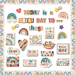 Today is A Great Day Bulletin Board Set Boho Rainbow Bulletin Board Borders Heart Star Bohemian Rainbow Cutouts with Glue Points for Classroom School Office Home Wall Decoration