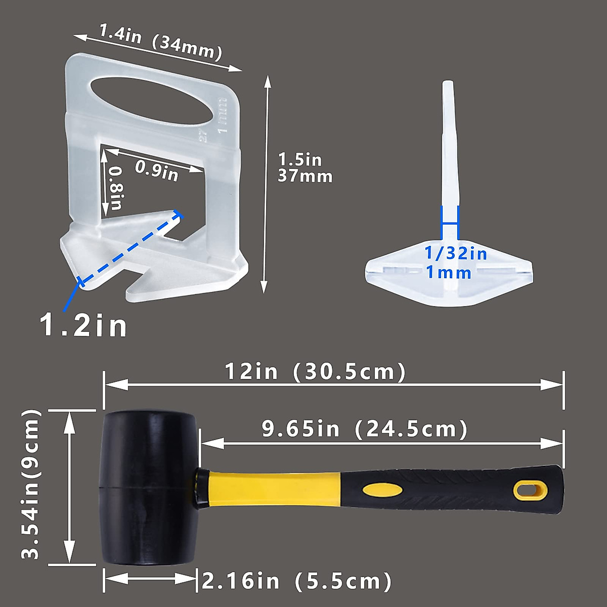 Tile Leveling System 1/32" Spacers Tile Leveler Clips 5500 Pcs and 16 oz Rubber Mallet Hammer .Tile Tools Set for Professional Ceramic and Stone Installation