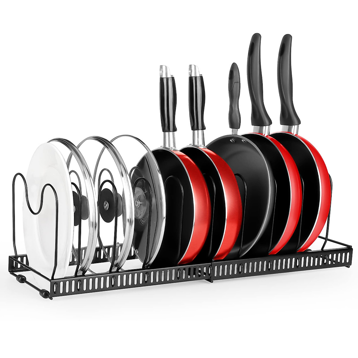 Pots and Pans Organizer,Expandable Pot Rack Organizer for Cabinet, Pot Lid Organizer Holder with 10 Adjustable Compartment Pans Holder for Kitchen Cabinet Cookware Baking Frying Rack Bake Ware Storage