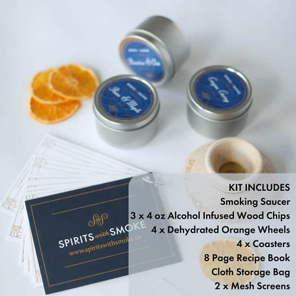 Spirits with Smoke Smoking Saucer Set - 1 Maple Wood Saucer, 3 Wood Chips for Cocktail Smoker & 4 Coasters, Premium Cocktail Accessories, Gifts for Husband