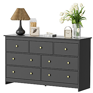 55'' Black Dresser for Bedroom, 7 Deep Drawer Large Wood Dresser with Gold Handles, Modern Wide Storage Dressers & Chests of Drawers for Entryway, Hallway