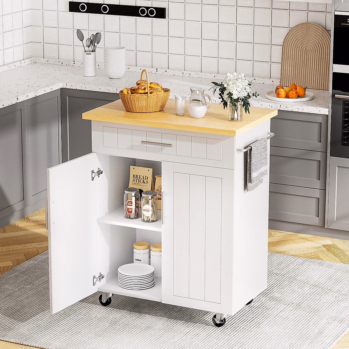 JY QAQA 26" Kitchen Island on Wheels with Storage Cabinet Kitchen Cart Cabinet with Shelves, Cart Handle for Towel Rack or Free Mobility, Portable Islands for Kitchen,White