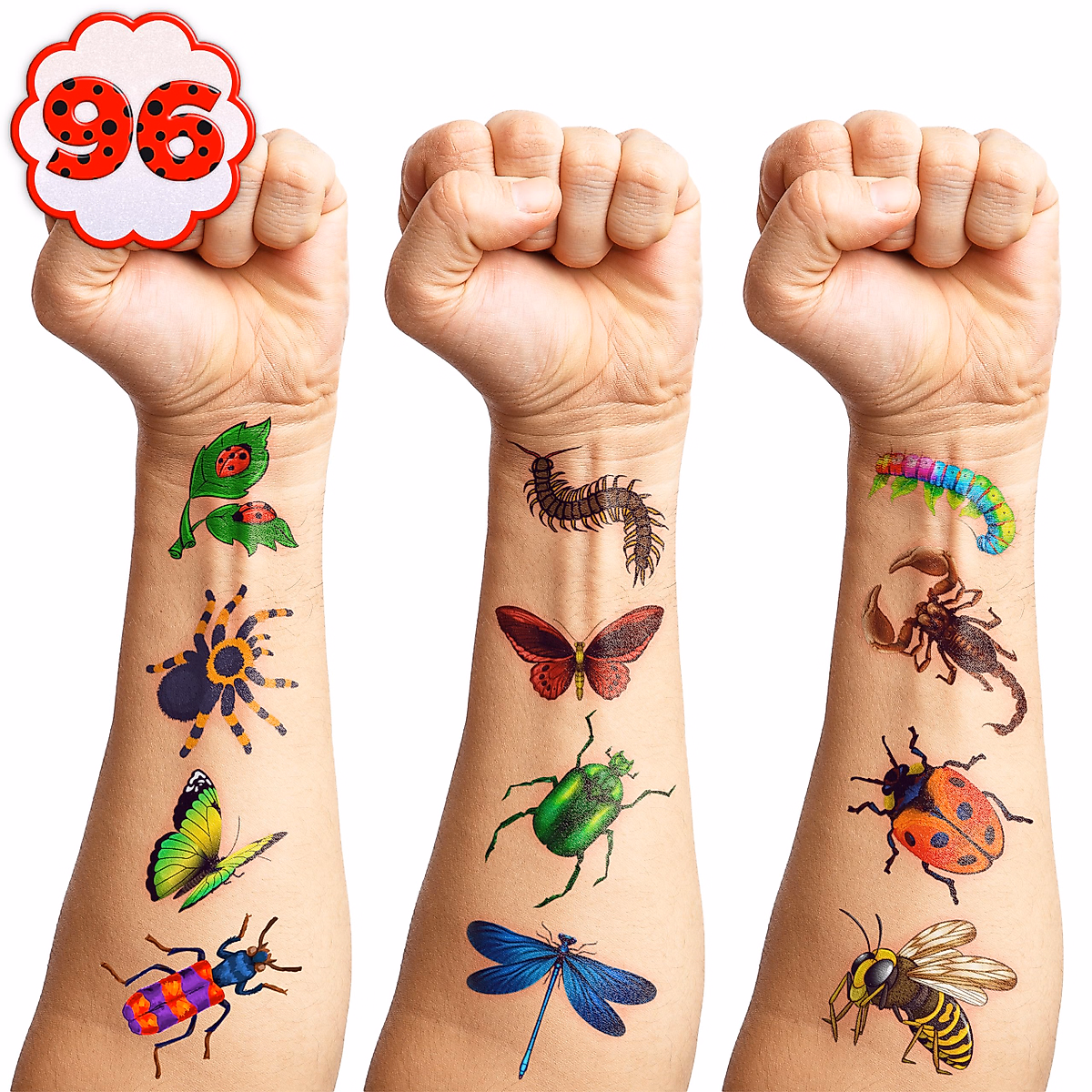 Bug Temporary Tattoos Insect Party Favors 96 PCS Bees, Spiders, Beetles, Caterpillar, Ladybug Themed Stickers for Kids Birthday Party Supplies, Decorations, Favors, and Prizes - Cute Gifts for Boys