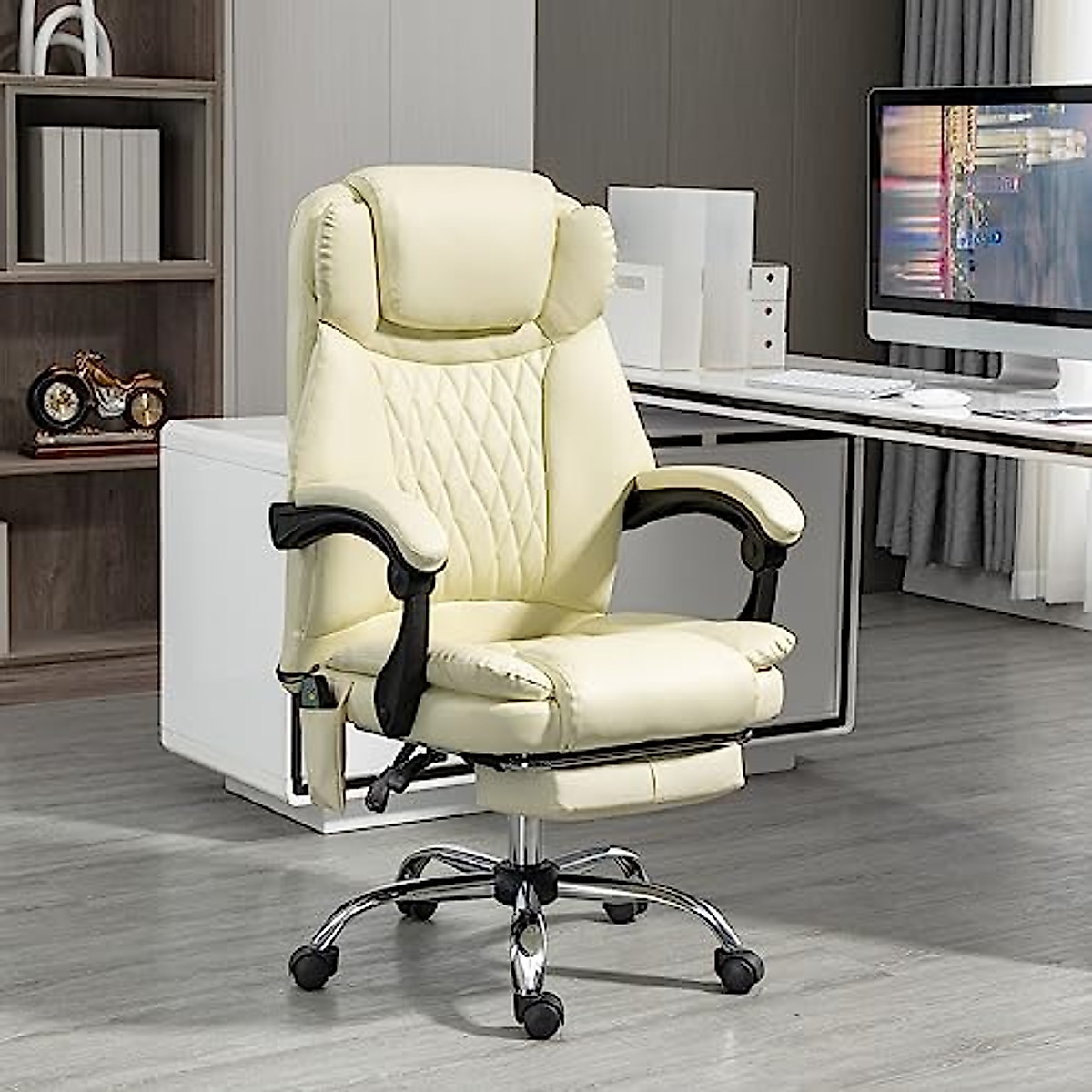 ONPNO Ergonomic Office Chair with Massager, Heated Office Chair Reclining Massage Desk Chair, Home Office Desk Chair w/Foot Rest, Padded Armrest, Height Adjustable Swivel Work Chair (White)
