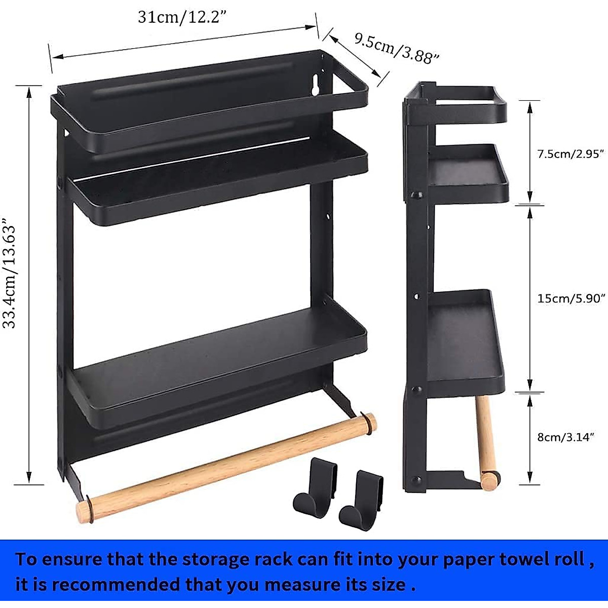 Vodoco Magnetic Spice Rack, Refrigerator Organizer Kitchen Storage 2-Tier Magnetic Shelf Magnetic Paper Towel Holder Spices Organizer Wall Storage Kitchen Storage Rack - Black