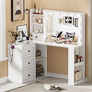 PAKASEPT Vanity Desk with Mirror and Lights, Corner Makeup Table with 3 Color Lighting, White Vanity with Power Strip & Hooks, Hidden and Open Shelves, Adjustable Brightness, 47.2 Inch