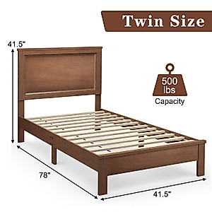KOMFOTT Twin Size Wood Platform Bed Frame with Headboard, Wooden Mid Century Platform Bed with Slat Support & Under Bed Storage, Mattress Foundation Bed Base, No Box Spring Needed, Walnut