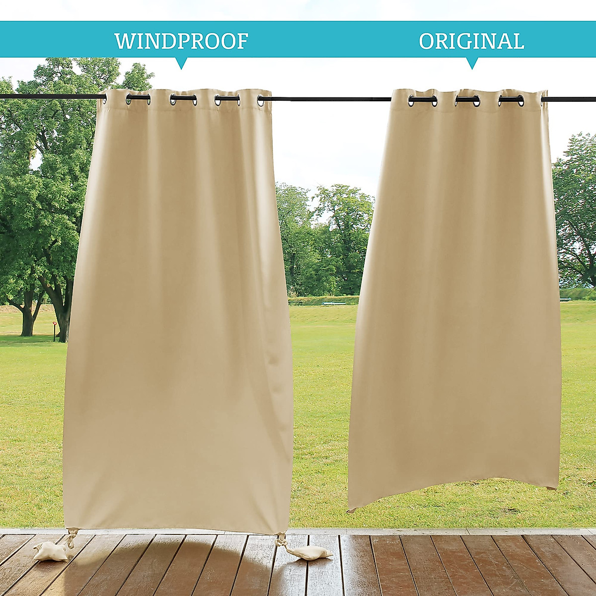 RYB HOME Blackout Curtains Windproof - Weighted Bags Attached, 84 inches Long, Waterproof Thermal Indoor Outdoor for Pool Shower Bedroom Patio, 2 Pcs, W 52 x L 84, Beige