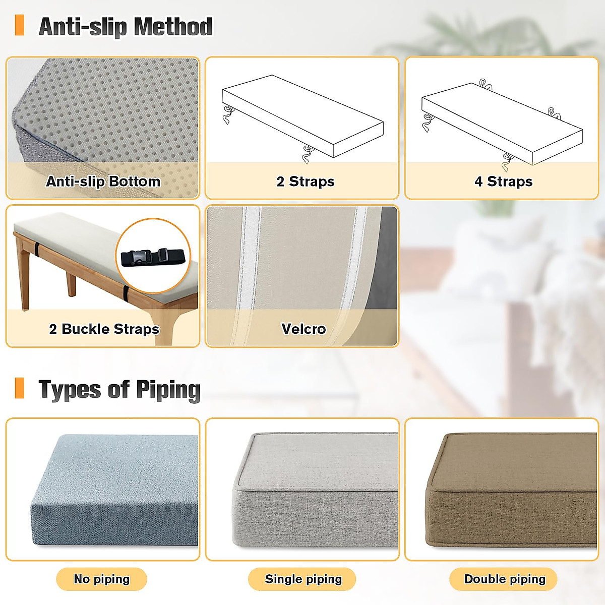 Kimgull Custom Size Bench Cushion/Bay Window Seat Pads, Soft Bench Cushion for Outdoor Furniture, Waterproof Seat Cushion, Non Slip Seat Mat for Patio Bench Swing (Thickness 1.18IN)