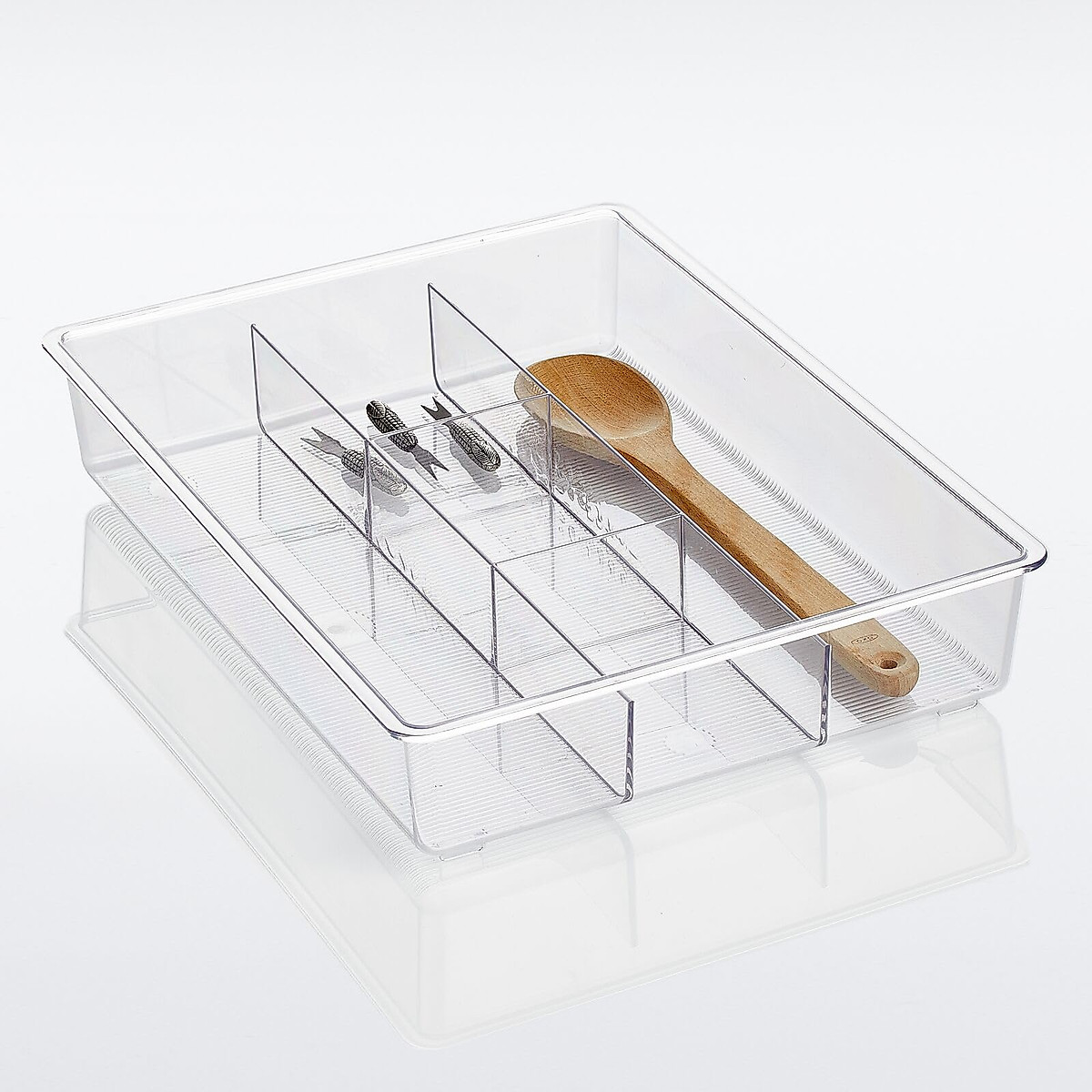 mDesign Plastic 6-Section Compact In-Drawer Utensil Storage Organizer Tray for Kitchen, Pantry; Holder for Silverware, Cutlery, Flatware, Large & Small Utensils, Spoon, Fork - Ligne Collection - Clear