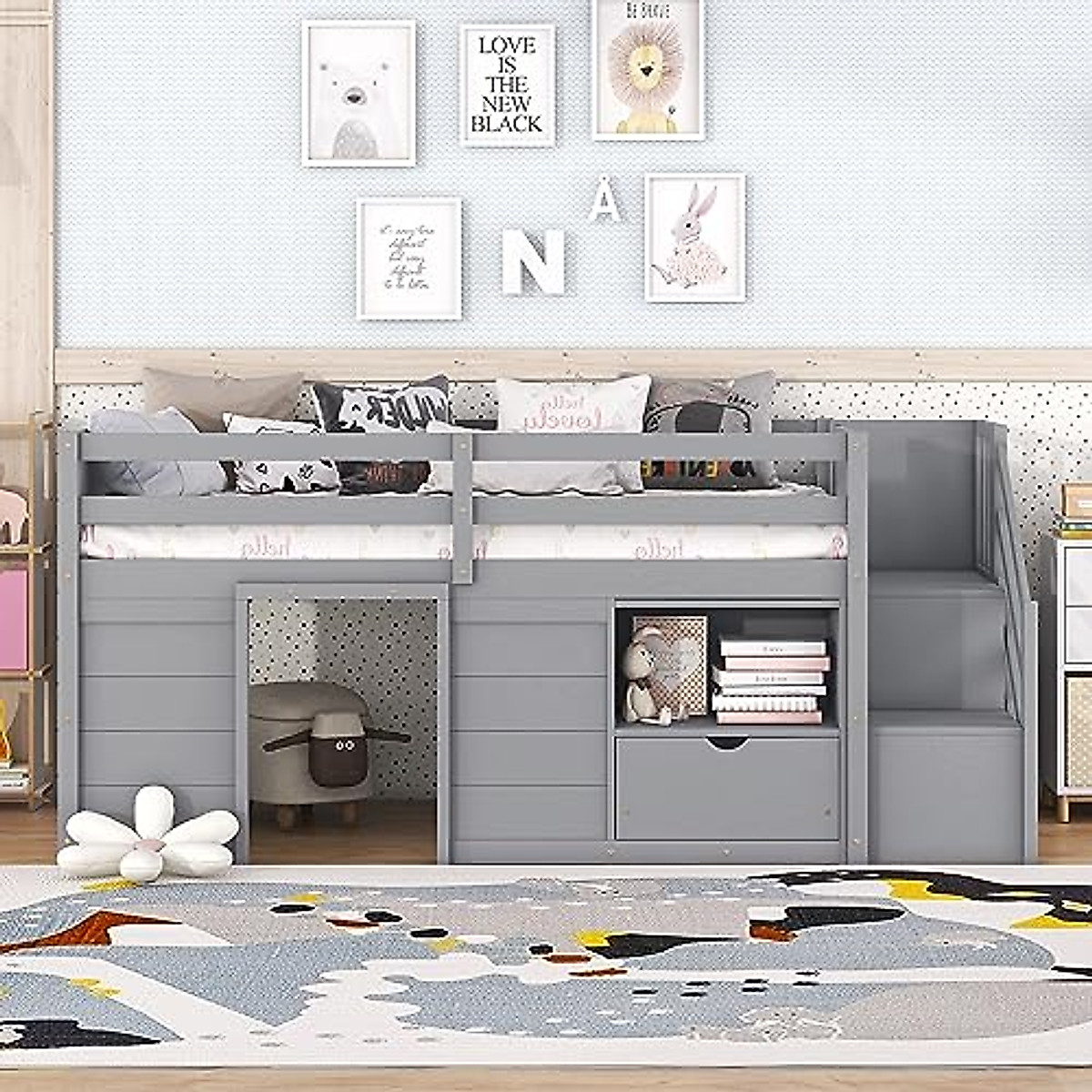 Twin Size Low Loft Bed with Play Space, Solid Wood Low Loft Bed Frame with Drawer, Shelf and Stairs Kids Loft Bed for Boys, Girls & Teens (Grey)