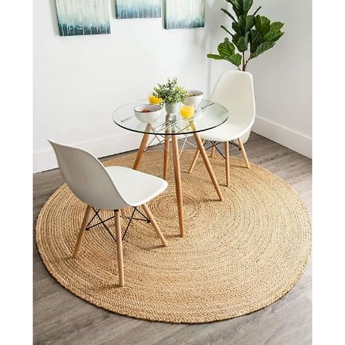 India Artistic Jute Braided Boho Area Rug, Natural Hand Woven Jute Rag Rug- Farmhouse Reverisible Rug Rustic Cotton Jute Rug Home Décor Vibrant Rag Rugs (3 Feet Round)