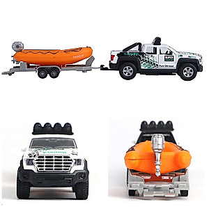 Pickup Truck Trailer Towing Speed Boat 2 in 1 Playset Diecast Model Car Metal Pull Back Toy Cars 1/36 SUV Vehicle Outdoor Sandbox Adventure Play Set Doors Open Light Sound Boys Toys Kids Gifts