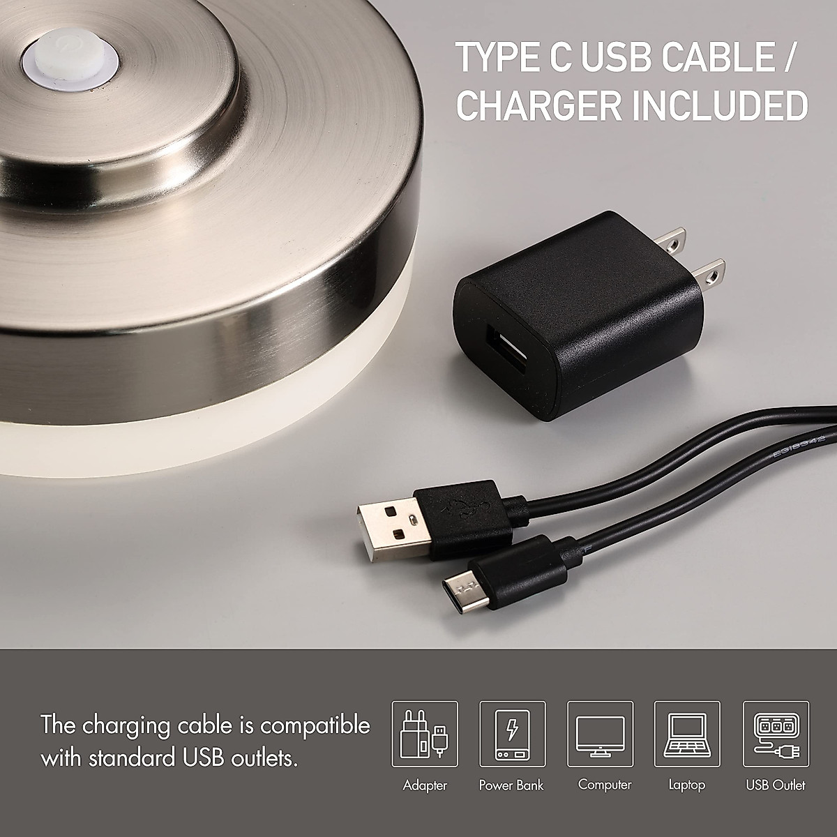 O’Bright Thurlow - Portable LED Lamp for Outdoor / Indoor, Built-in Rechargeable Battery, IP44 Water Resistant, Travel Light, Camping Lantern, Patio Table Lamp, Night Lamp, Brushed Nickel