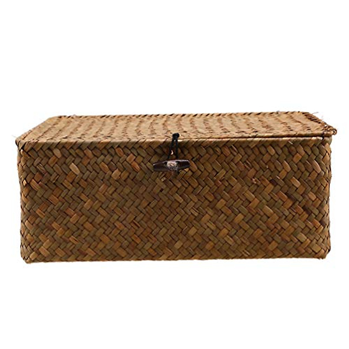 Gatuida Hand-Woven Rectangular Wicker Baskets with Lids, Seagrass Storage Baskets with Button Multipurpose Container for Desktop Home Decor, Size L
