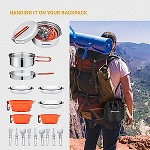 KingCamp Stainless Steel Camping Cookware Set Open Fire Cookware Backpacking Cooking Mess Kit Lightweight Camping Pots and Pans with Plates and Bowls Kit Hiking Cooking Gear 25 PCS for 3 Person