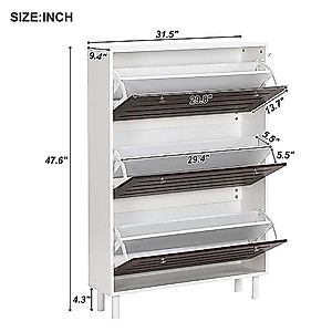 Narrow Shoe Cabinet with 3 Flip Drawers for 24 Pairs Shoes, Natural Wood Top Entryway Organizer with 3 Hooks, Free Standing Shoe Rack with Adjustable Panel for Hallway, 31.5''x9.4''x47.6'',White&Brown