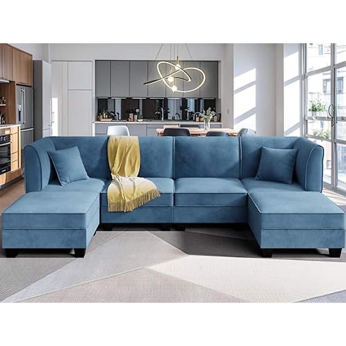 JAMFLY 116'' Modular Sectional Sofa with Reversible Chaise, U-Shape Convertible Sectional Sofa Couch with 6 Seats, Velvet Modern Sleeper Modular Couch with Ottomans for Living Room