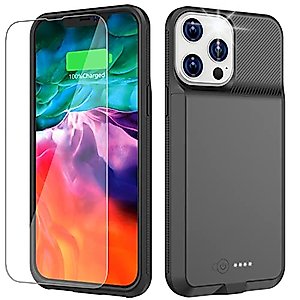 GBVHDR Battery Case for iPhone 13 Pro Max, Real 7000mAh Rechargeable Ultra-Slim Charging Case with Tempered-Glass Screen Protector for iPhone 13 Pro Max Extended Charger Cover (6.7 inch) Black