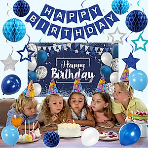 Blue Happy Birthday Decorations, 41 Pack Happy Birthday Banner, Balloons, Backdrop, Hanging Swirl, Honeycomb Ball and Circle Dot Garland Supplies for Birthday Party