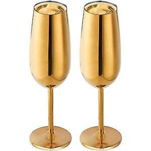 DEAYOU 2-Pack 18/10 Stainless Steel Champagne Glasses, Gold Metal Wine Goblet Cup for Cheers, Wedding, Party