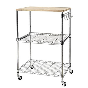 Finnhomy 3-Tier Wire Rolling Kitchen Cart, Food Service Cart, Microwave Stand, Oak Cutting Board and Chrome