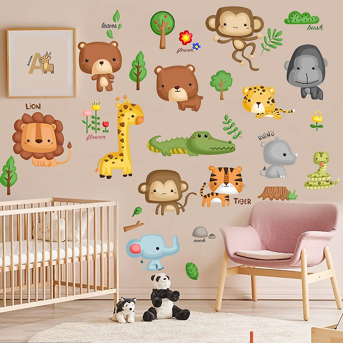 Africa Jungle Animal Wall Stickers, Tropical Forest Animal Wall Decals, Easy to Peel and Stick,DIY Art Wall Decoration,for Kids Baby Room Livingroom Bedroom Playroom Nursery Kindergarten Wall Decor