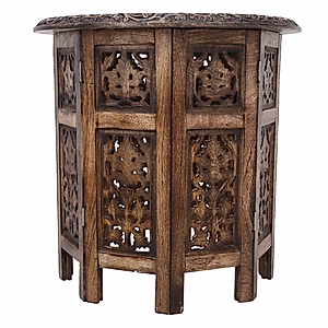 RAJRANG Antique Coffee Table Round Boho End Furniture Carved Room Wooden Side Indian Décor 18 Inches