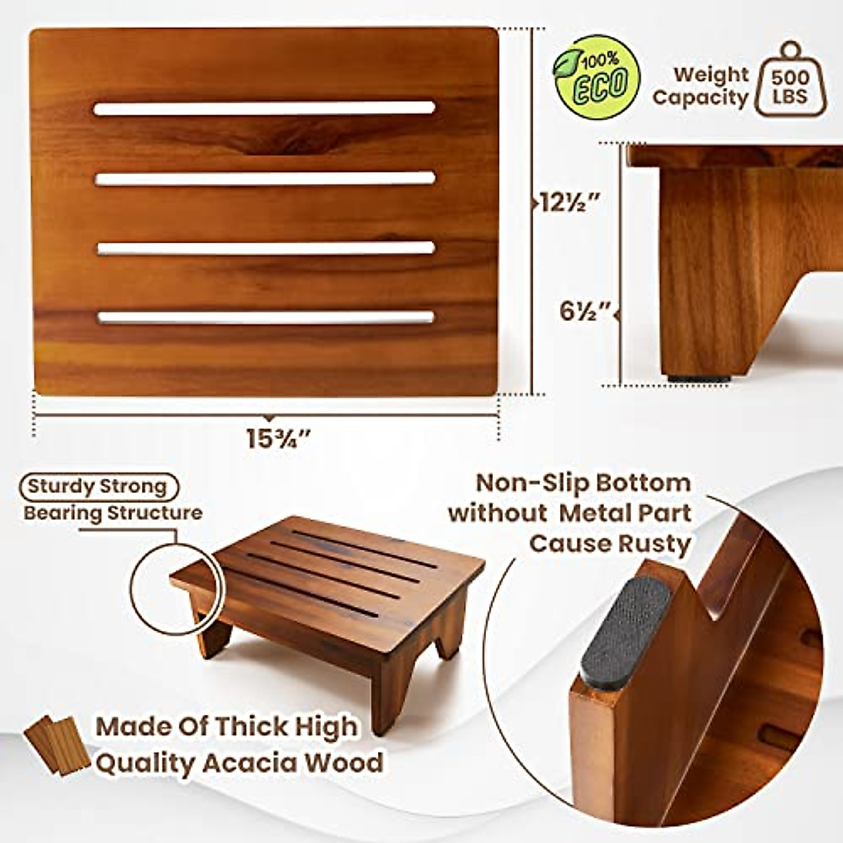 Holana One Step Stool for Adults 6.5" - Wooden Step Stools for High Beds - 550 lbs Safety Stepping Stool Bathroom Aid for Handicap, Elderly, Seniors, Kid, Bathtub, Bed, Kitchen (Acacia Wood)