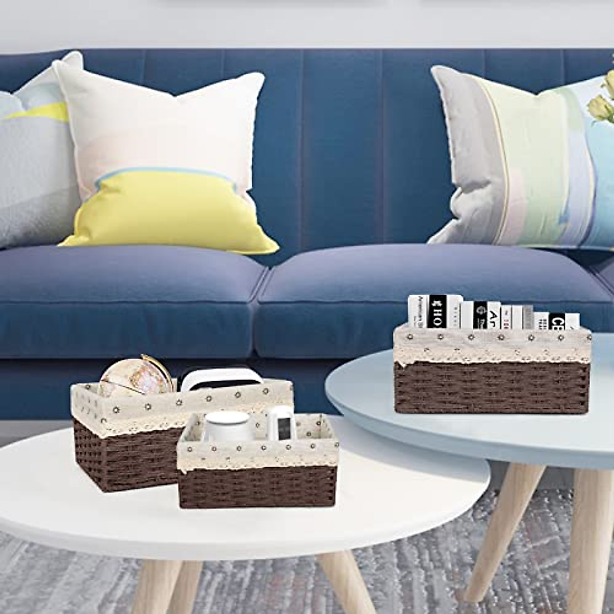 Storage Baskets for Shelves, Handmade Imitation Wicker Storage Baskets Set of 3 Stackable Woven Baskets for Storage with Removable Cotton Liner for Toilet Countertop Bedroom Livingroom Office Rectangle Decorative Storage Bins (Brown